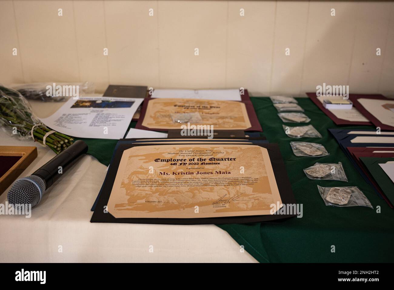 A series of command awards sit ready during a U.S. Army Medical ...