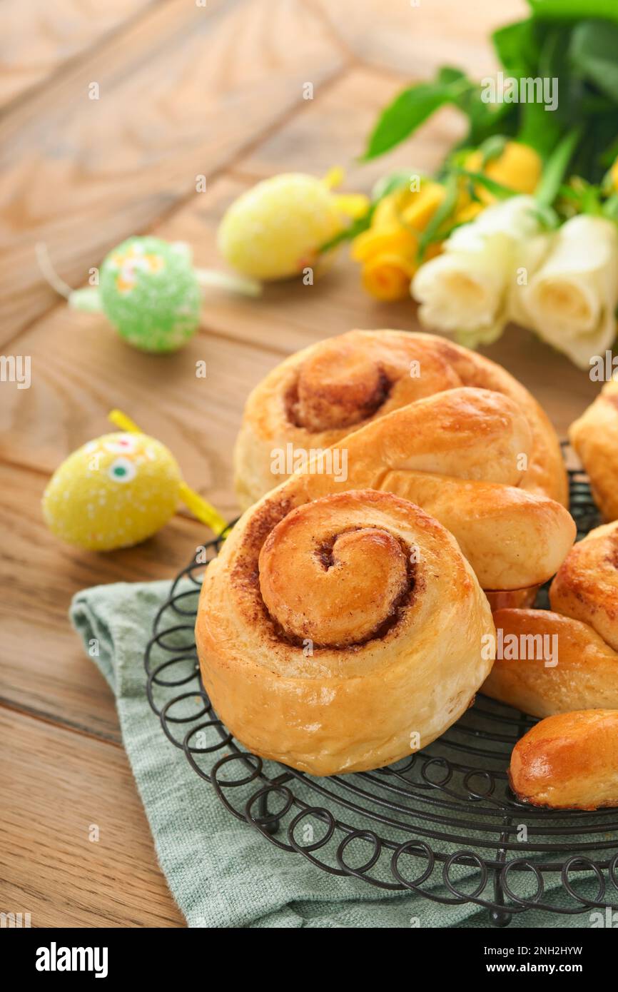 Easter breakfast Holliday concept. Easter bunny buns rolls with ...