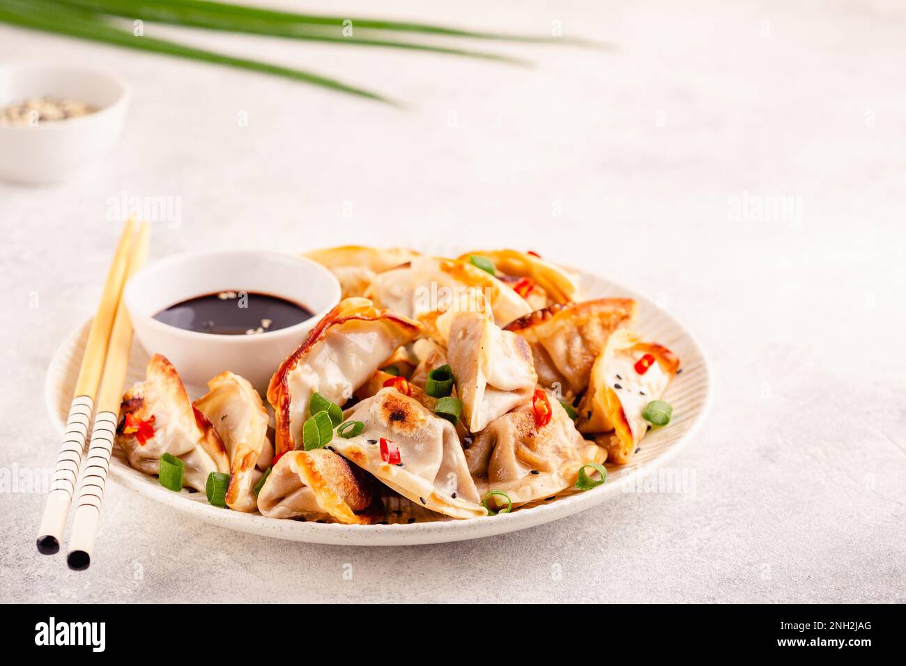 Fried dumplings served with green onions, sesame seeds and chili ...