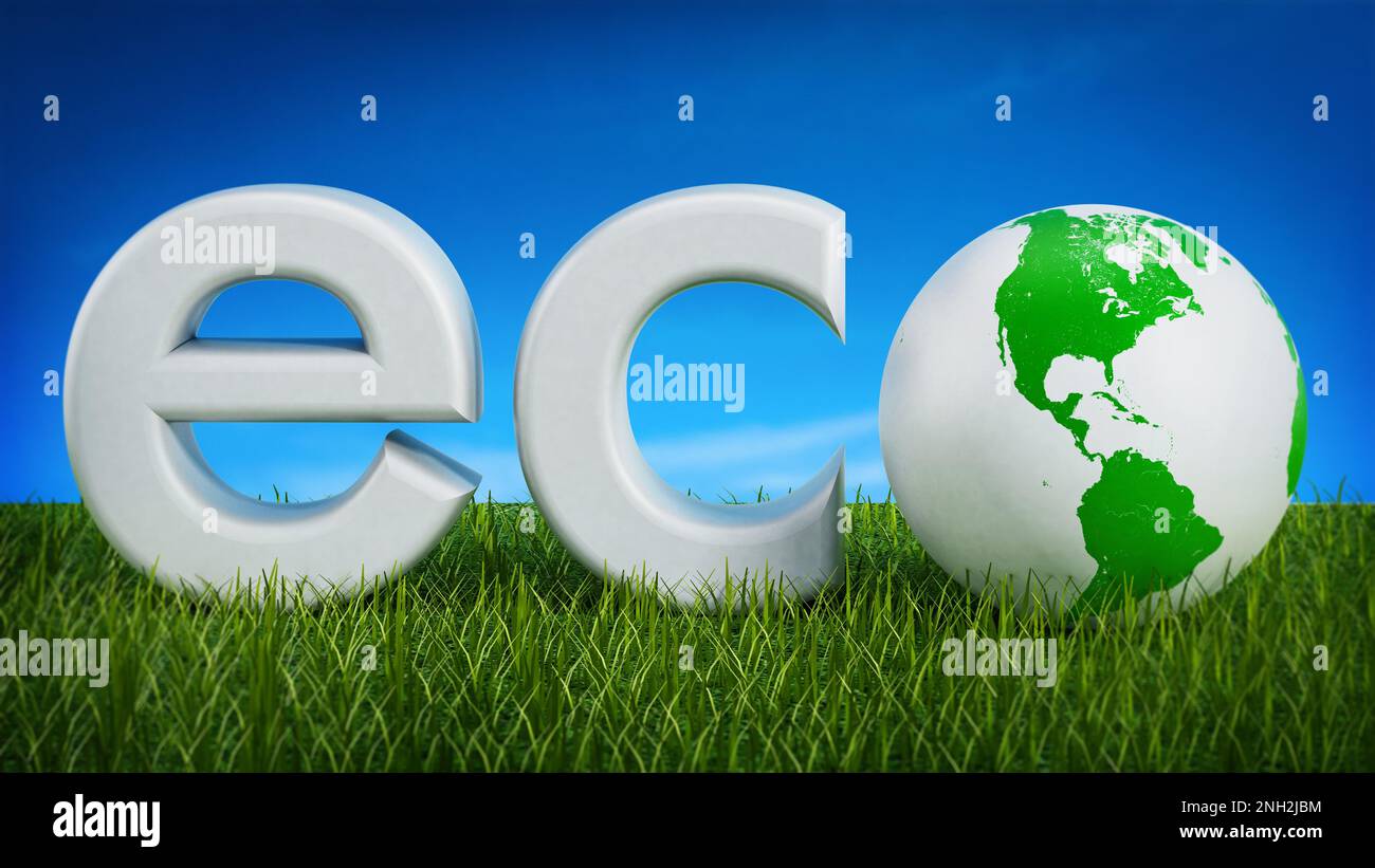 Eco text with globe on grass against blue sky. 3D illustration Stock ...