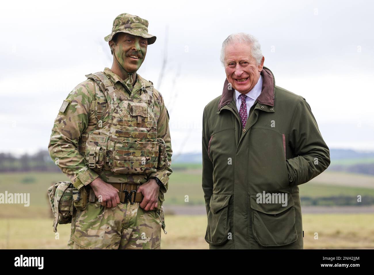 King Charles III (right) meets Major Tony Harris ahead of a trench ...