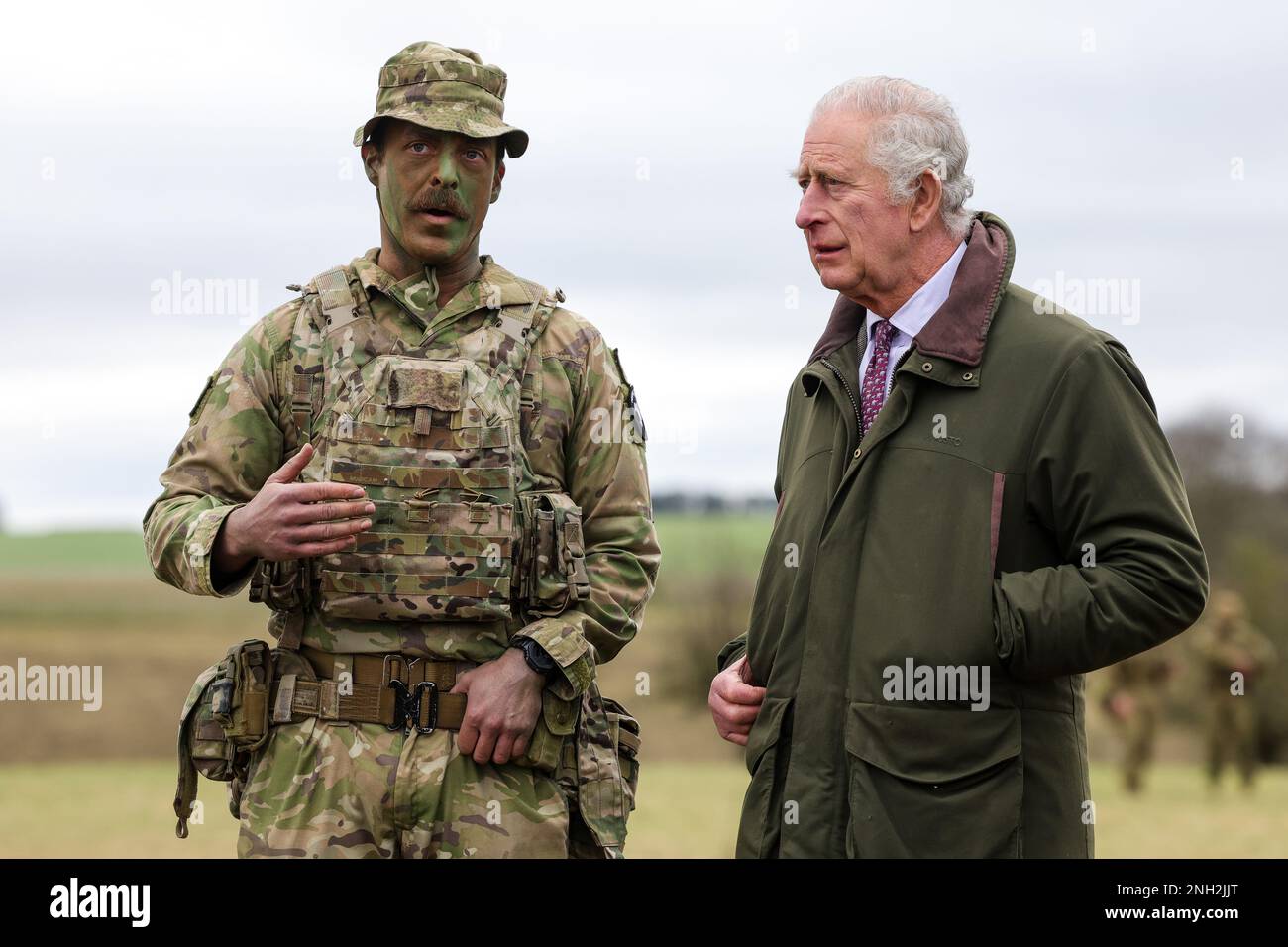 King Charles III (right) meets Major Tony Harris ahead of a trench ...