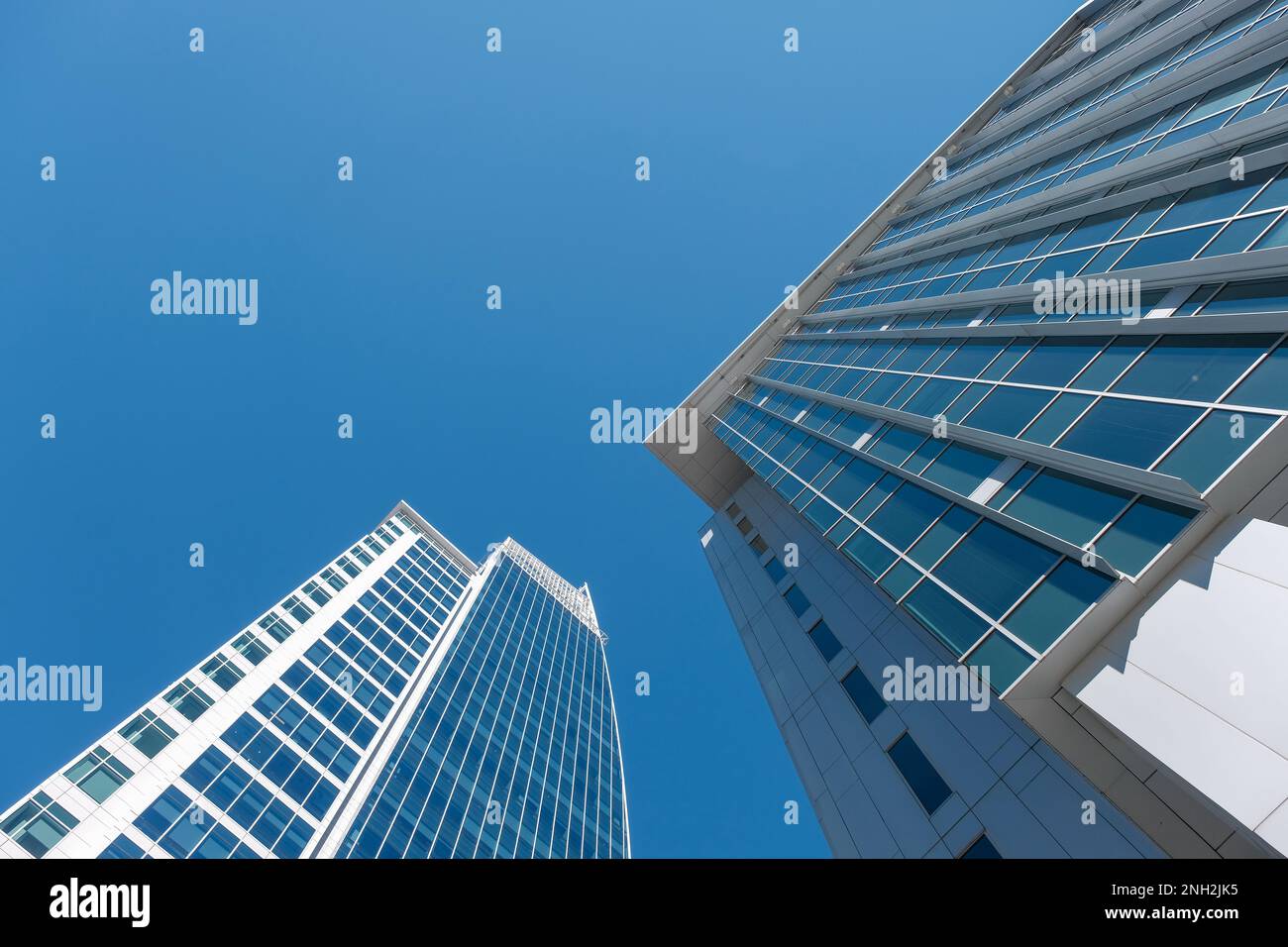 Looking up at tall buildings in Charlotte, North Carolina with perfect ...