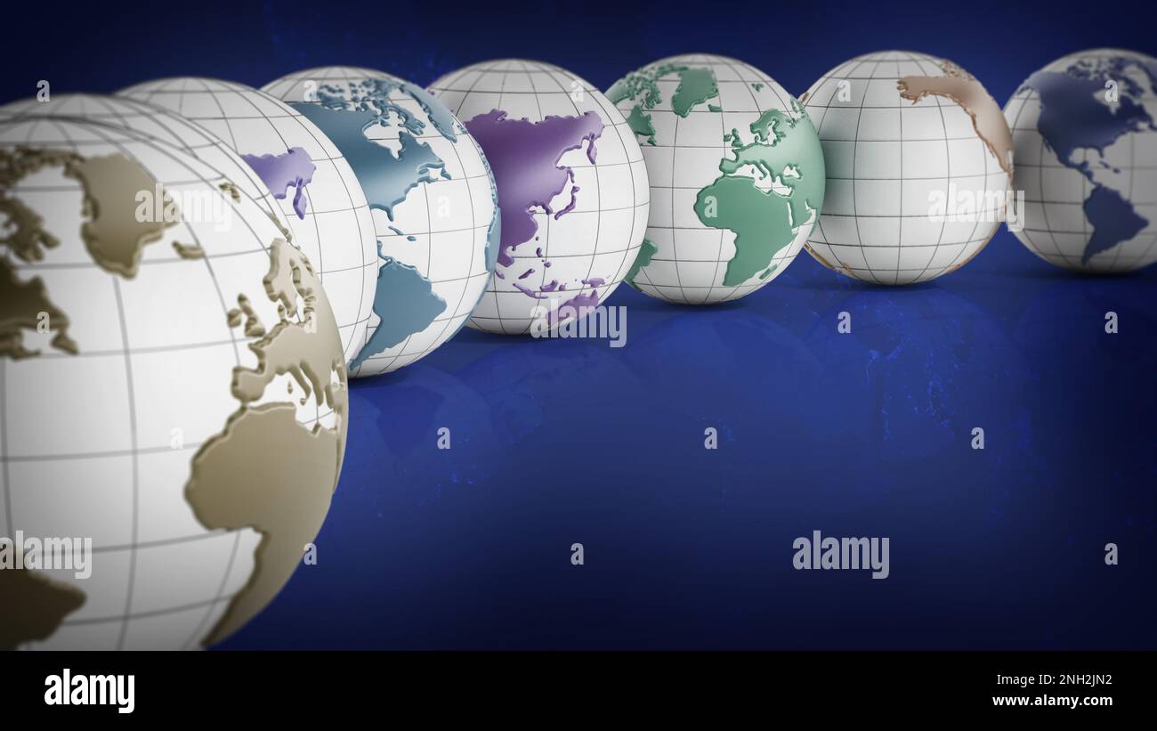 Colorful globes in a row on blue background. 3D illustration Stock ...