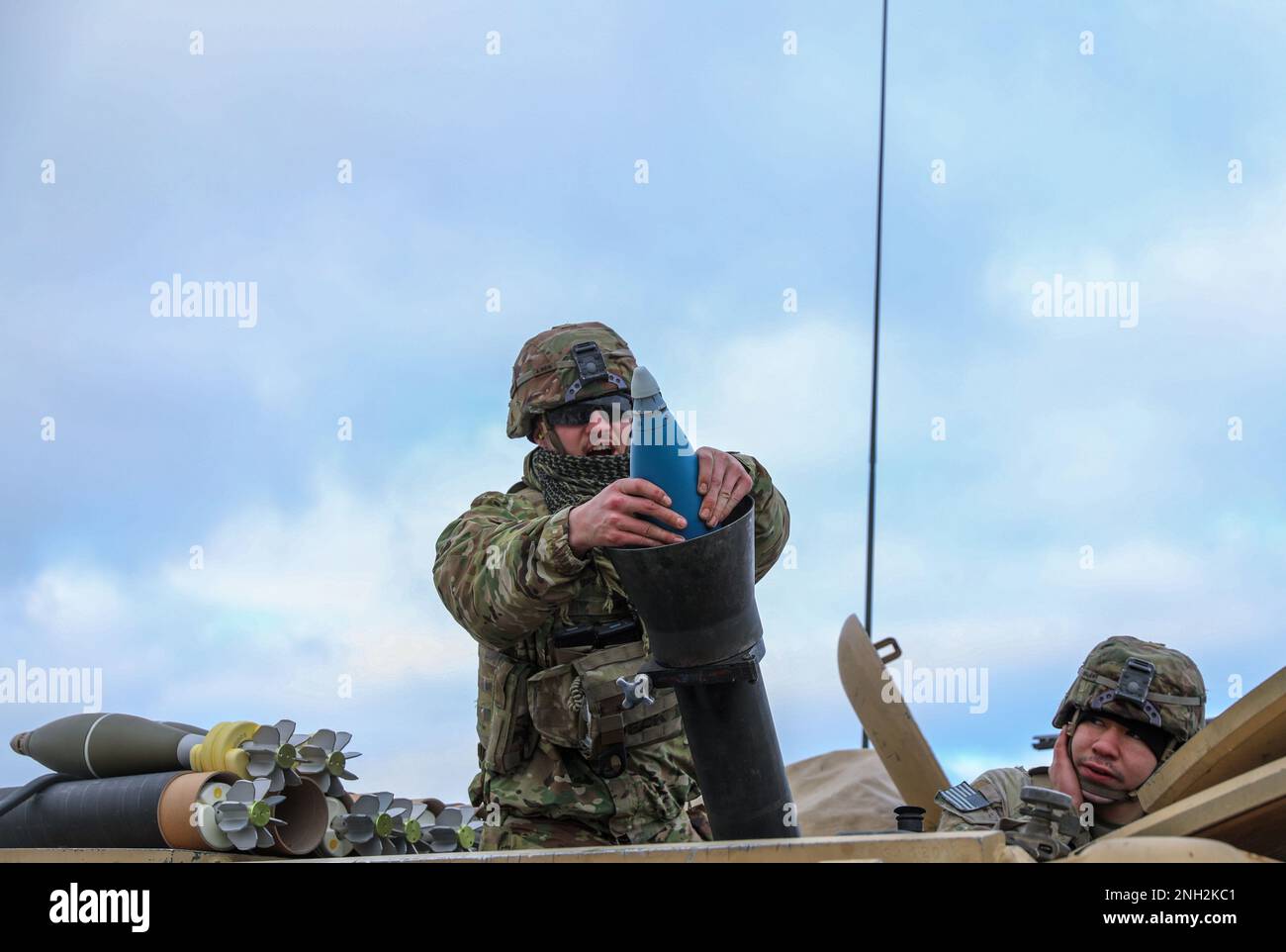 U.S. Soldiers assigned to Mortar Platoon, Hellhound Company, 3rd Battalion, 8th Cavalry Regiment ...