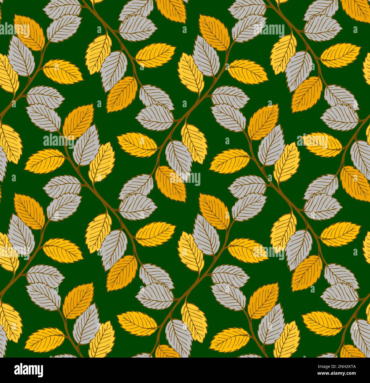 Gold and silver beech leaf design seamlessly repeating wallpaper pattern, green background Stock ...