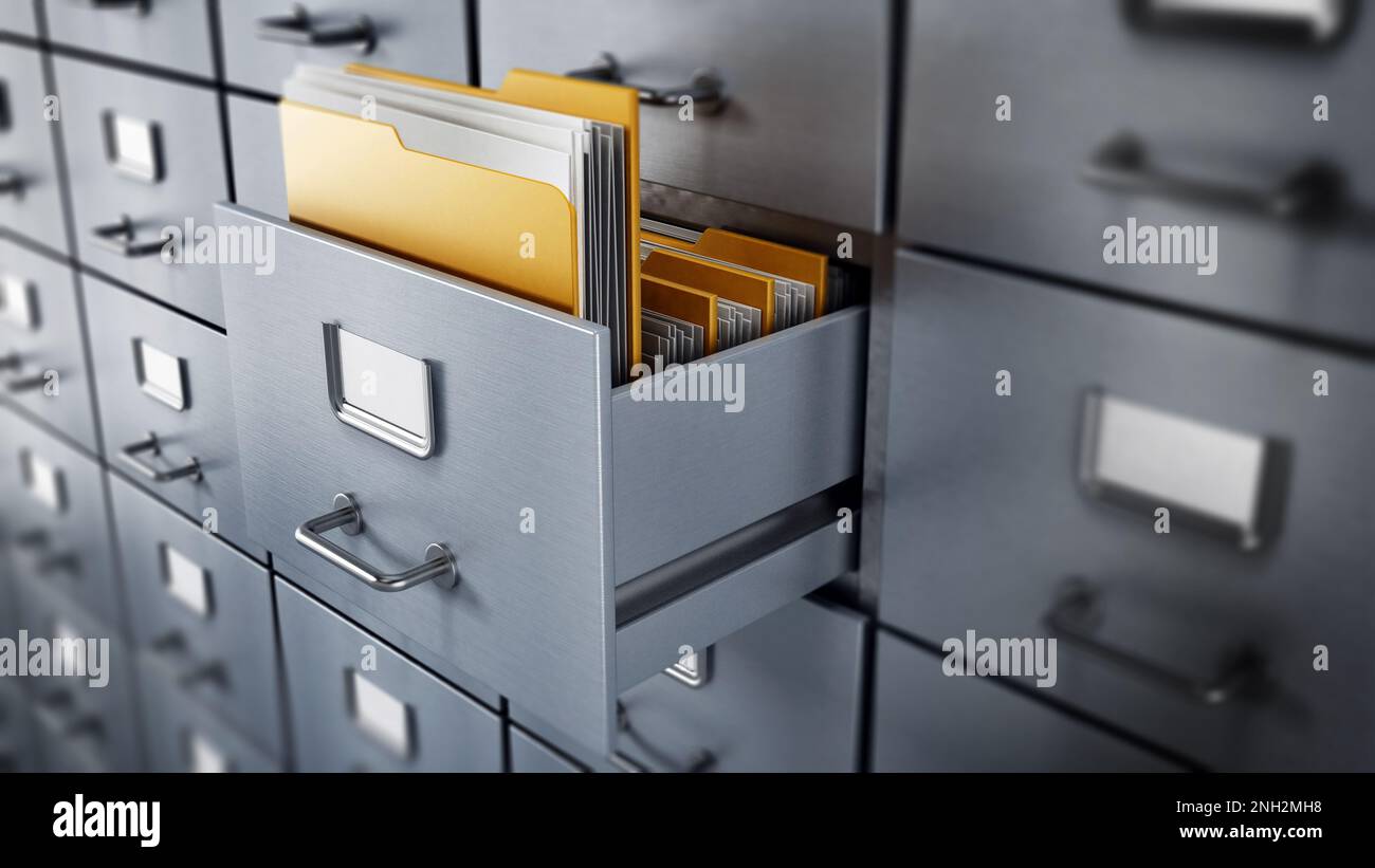 Filing cabinet with a single yellow folder in an open drawer. 3D ...