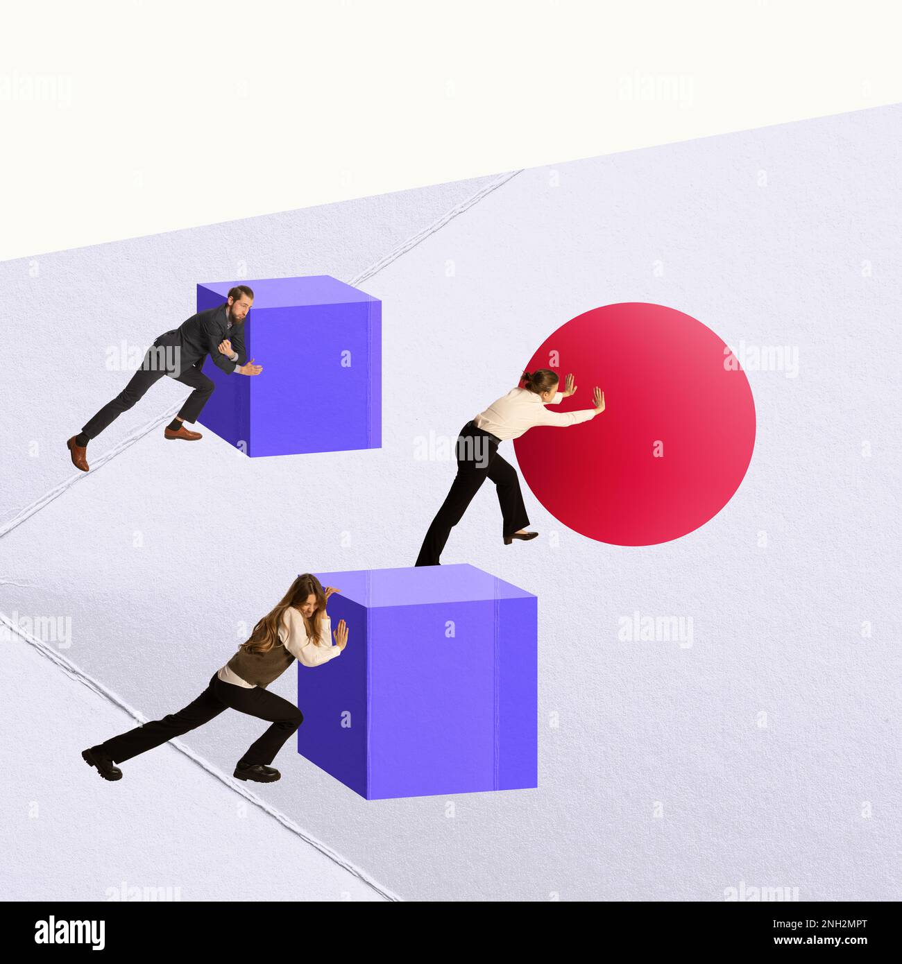 Contemporary art collage. Conceptual design. Employees pushing block ...