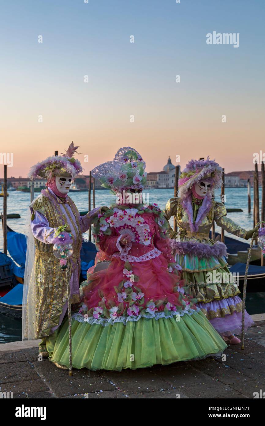 Carnival goers dressed in splendid costumes and masks during Venice ...