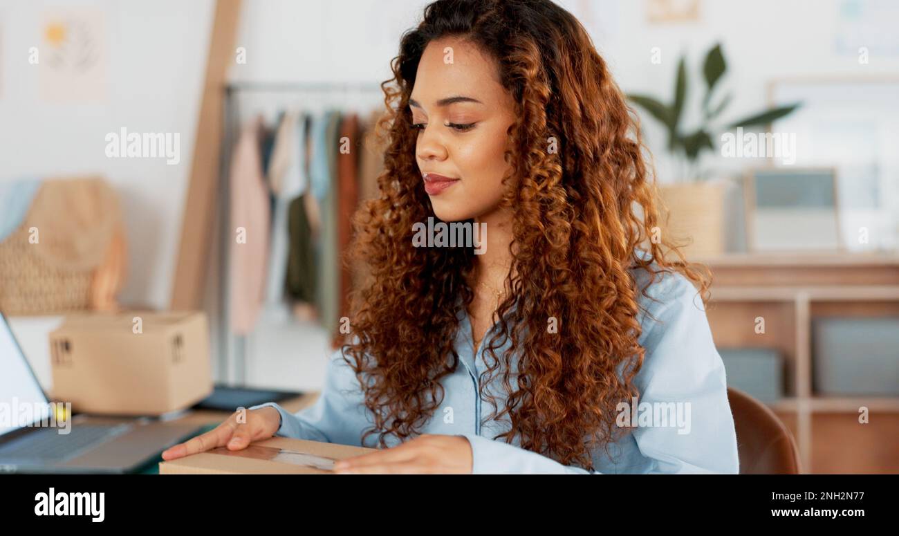 Delivery boxes, black woman shipping package or ecommerce sale with ...