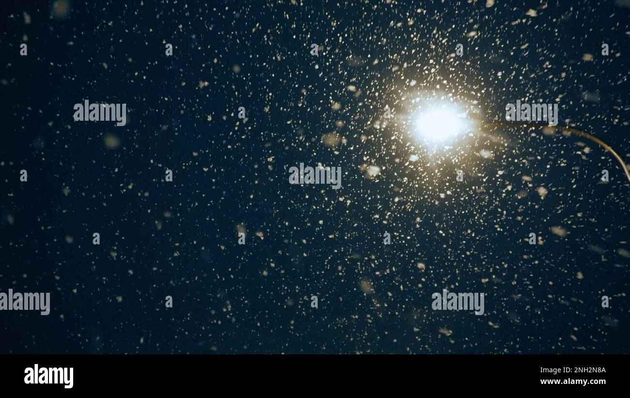 Snowflakes fall from the sky on the background of a residential ...