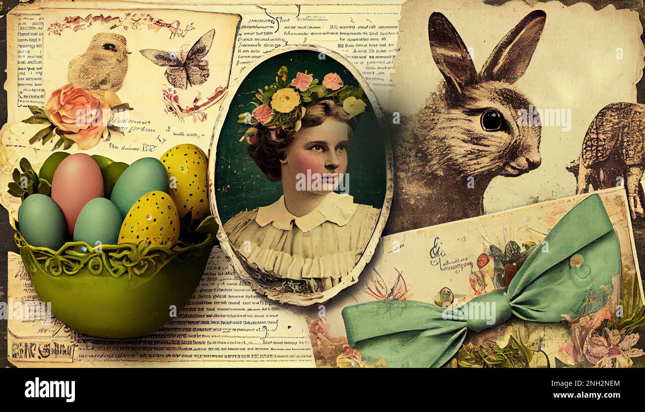 Easter collage with vintage images of Easter rabbit and kids Stock ...