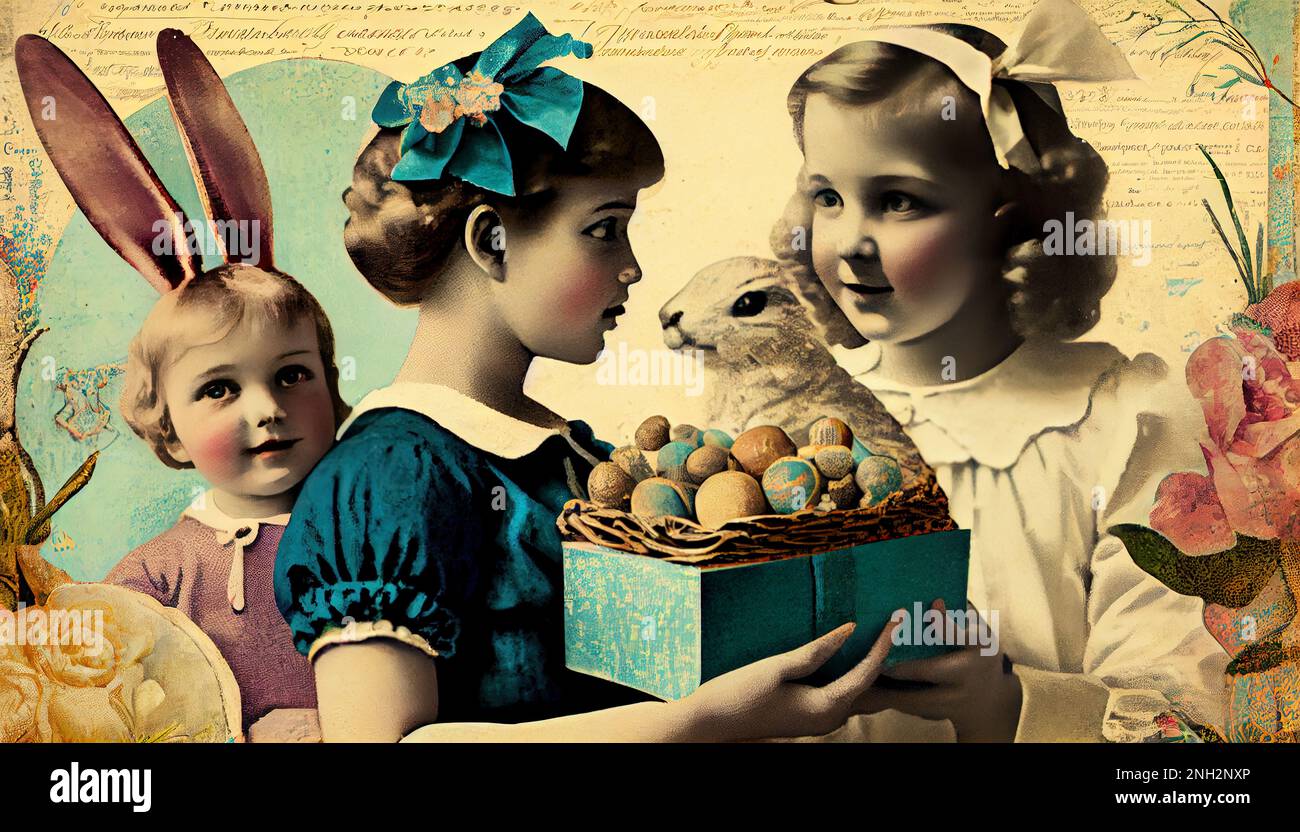 Easter collage with vintage images of Easter rabbit and kids Stock ...