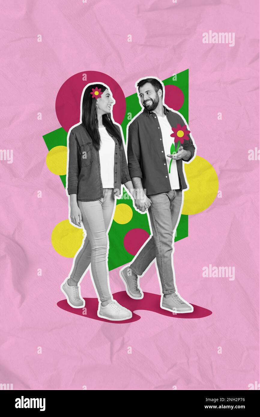 Composite photo collage of two people love story walking street hands ...
