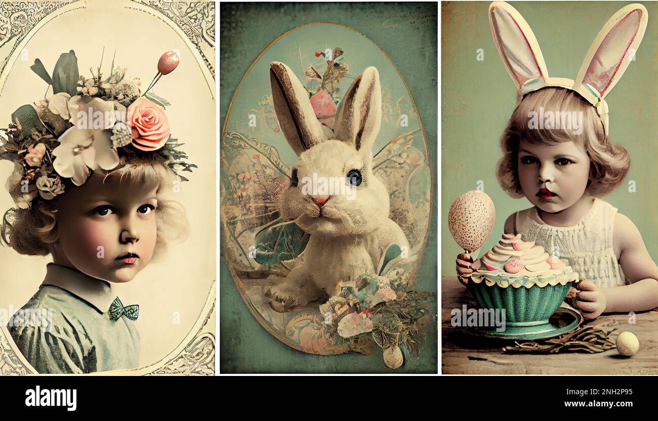 Easter collage with vintage images of Easter rabbit and kids Stock ...