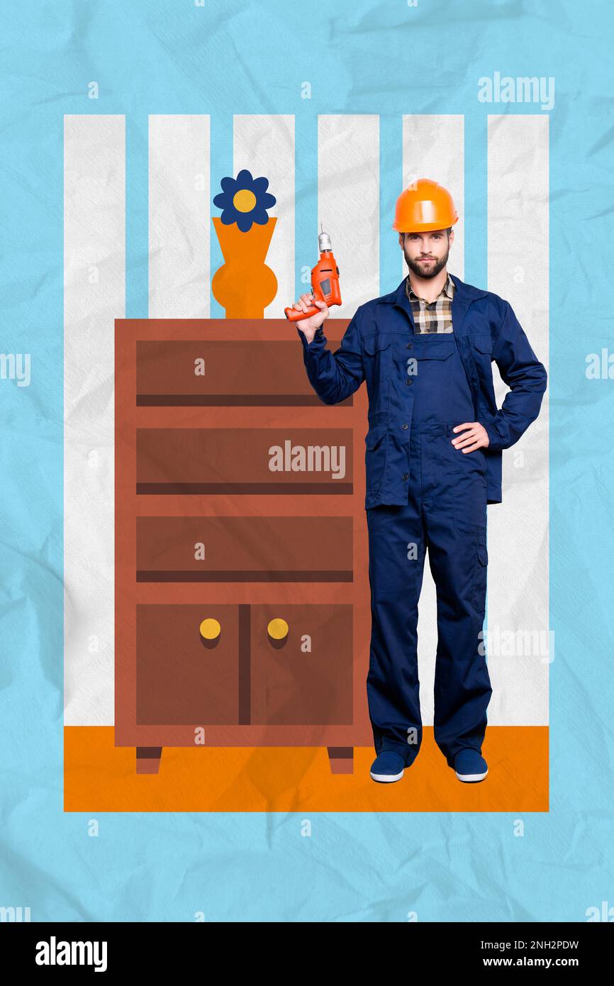 Vertical collage image of professional handyman hold drill stand near ...