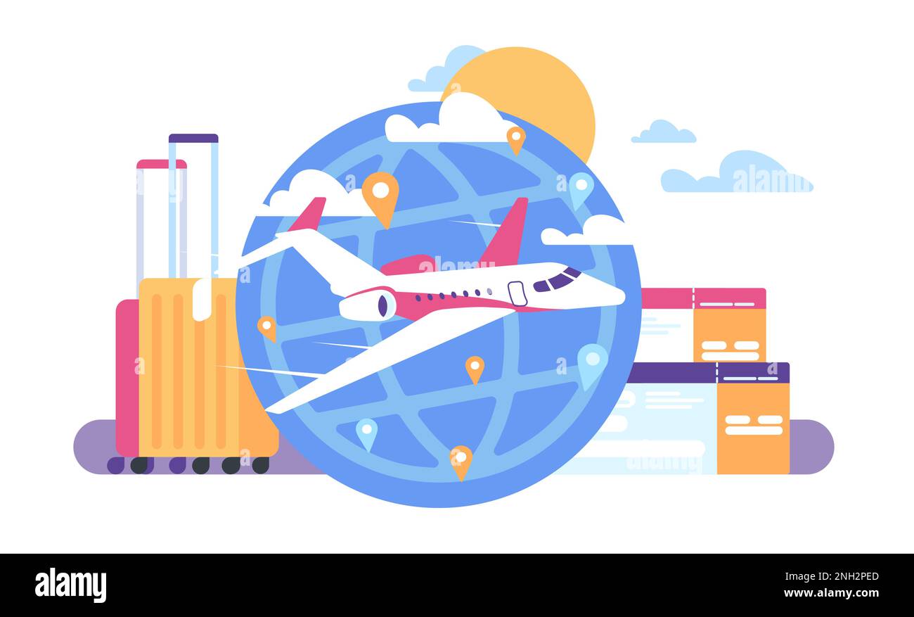 Airplane trip. Travel by aircraft. Baggage and tour tickets. Plane with ...