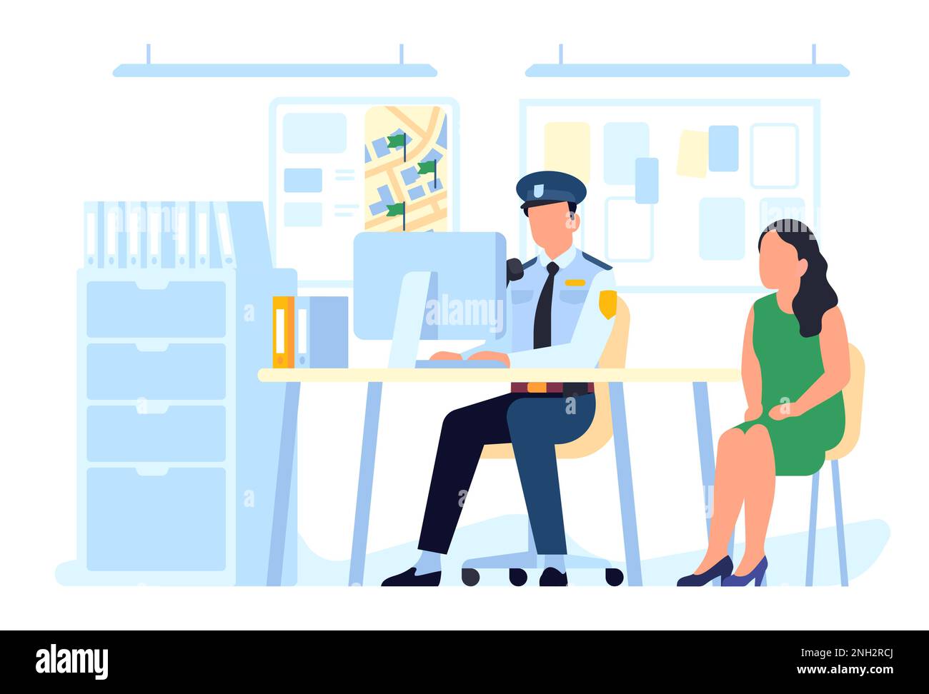 Detective sits at desk and interrogates woman. Police station ...