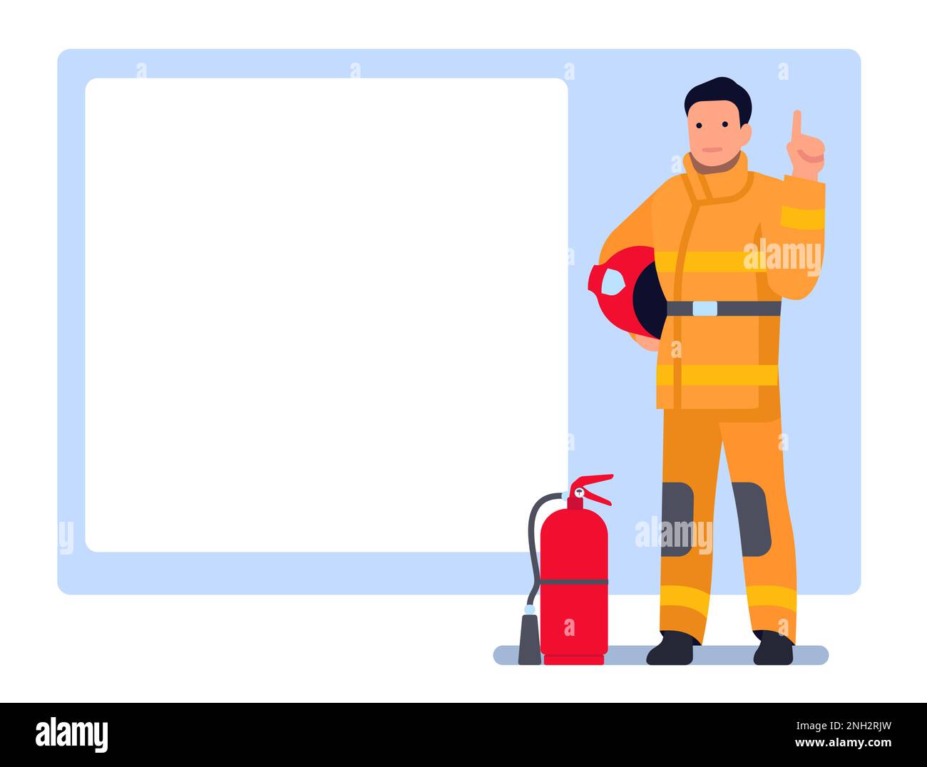 Fireman on blue background informs about fire safety. Firefighter with ...