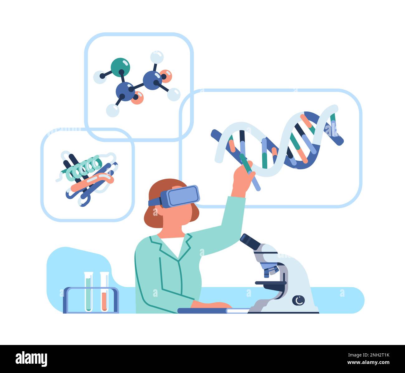 Futuristic scientist in VR headset. Woman creates chemical compounds ...