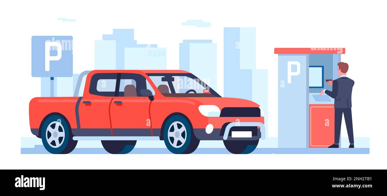 Man pays for parking space with automatic machine. Transport traffic ...