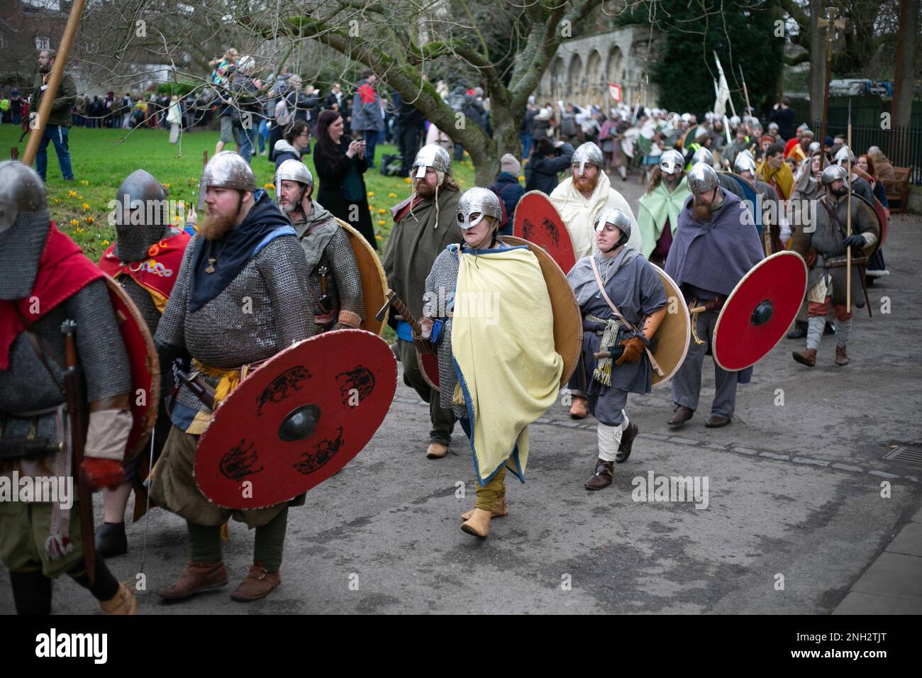 Hundreds of Viking warriors march through the city of York in North ...