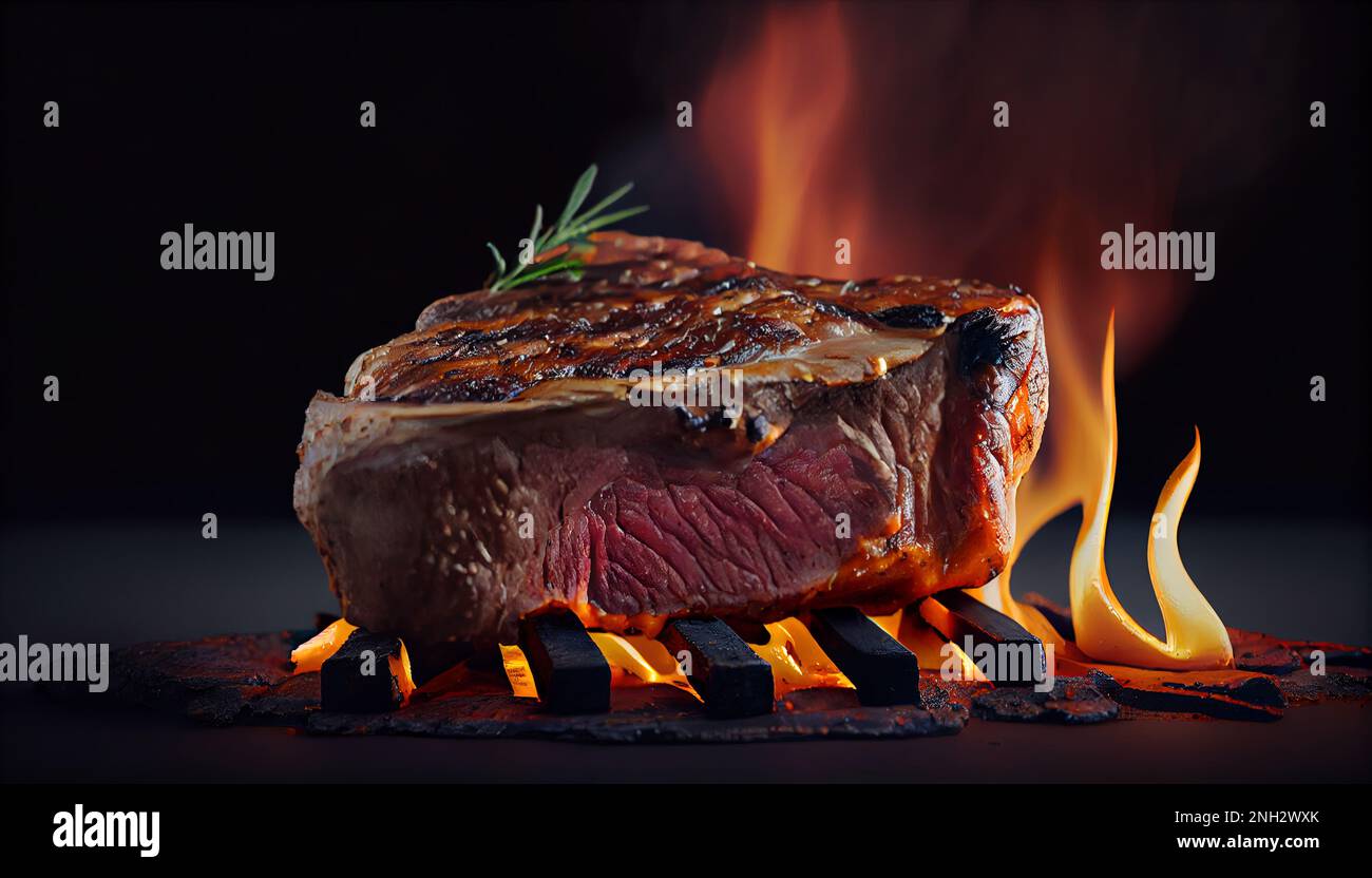 Grilled meat steak, fire in background, ai based illustration Stock ...