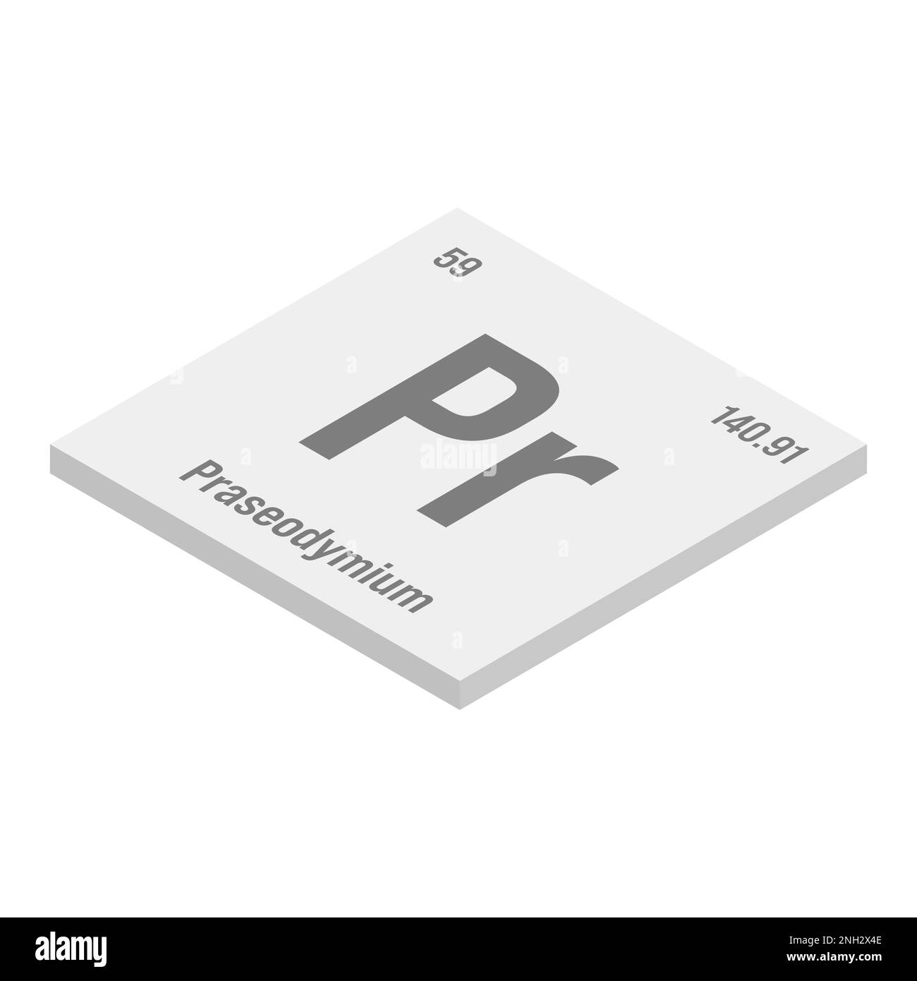 Praseodymium, Pr, gray 3D isometric illustration of periodic table ...