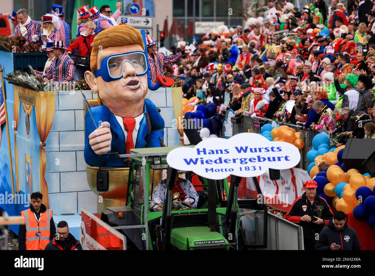 Cologne, Germany. 20th Feb, 2023. The theme car "Hanswursts ...