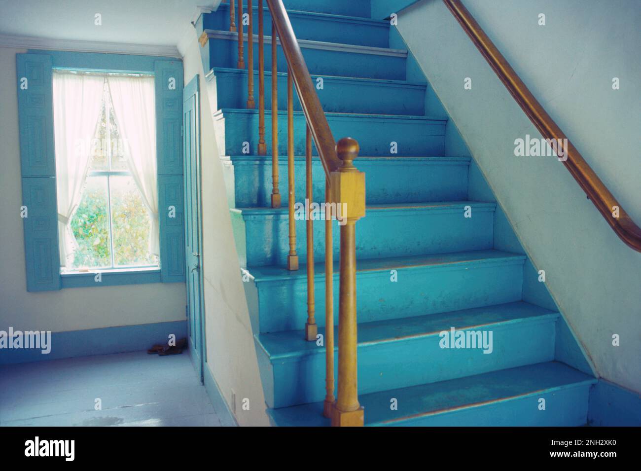 Stairs going up to the choir section in an old church n Vermont Stock ...