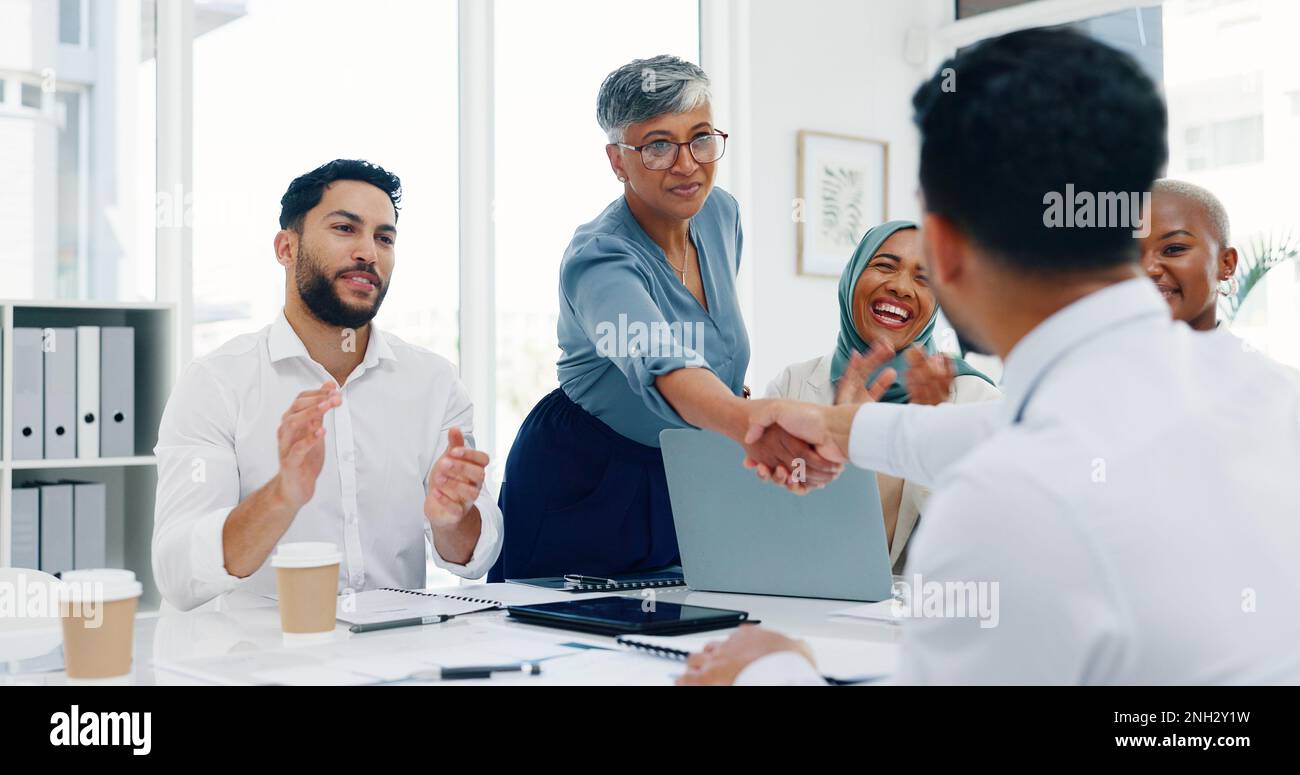 B2B, thank you and handshake business people applause for welcome ...