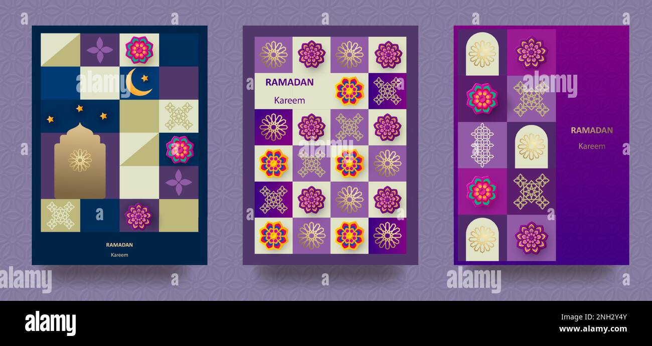 Ramadan Kareem poster, holiday greeting card set. Islamic postcard ...