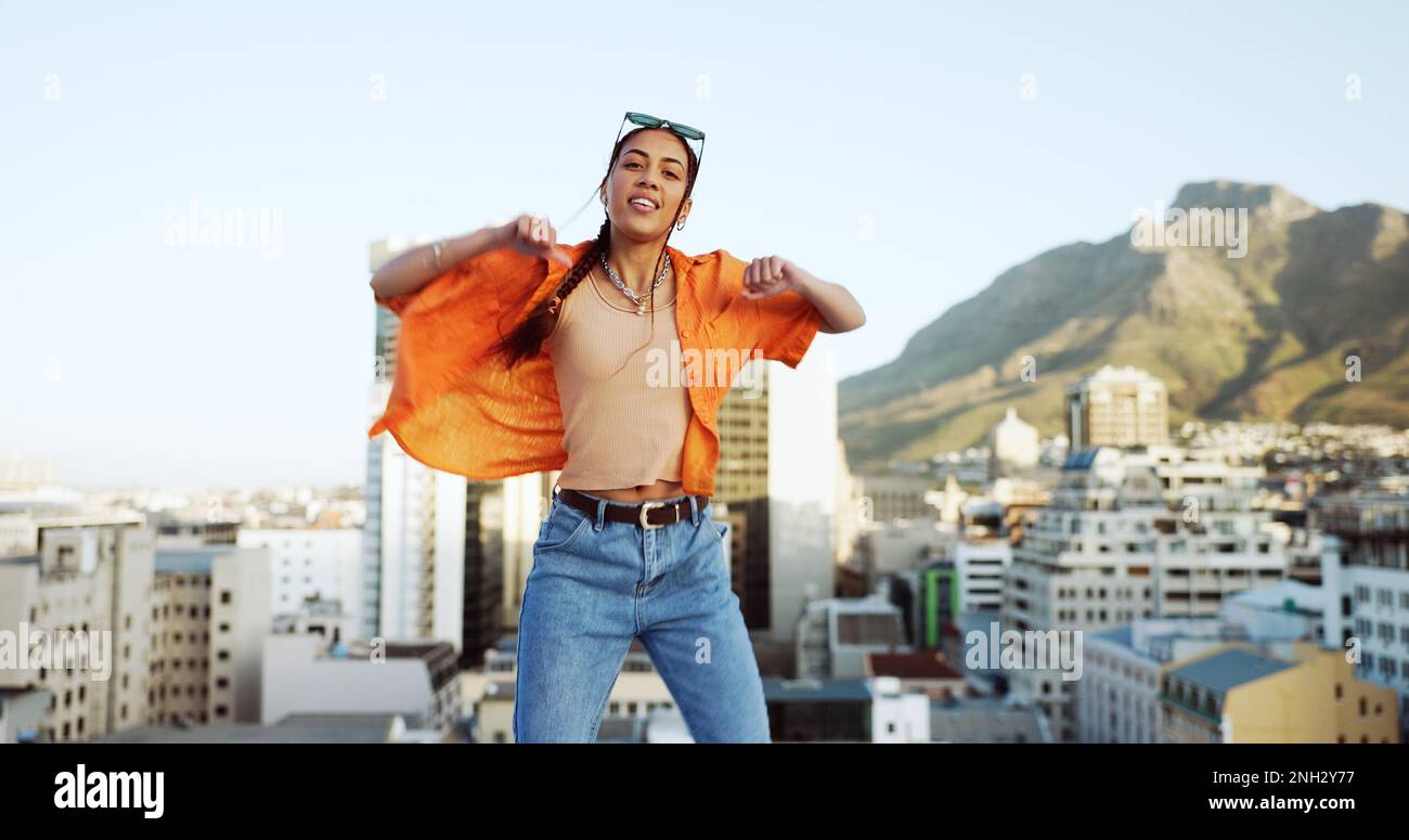 Dance, art and hip hop with woman on rooftop in city for youth, gen z ...
