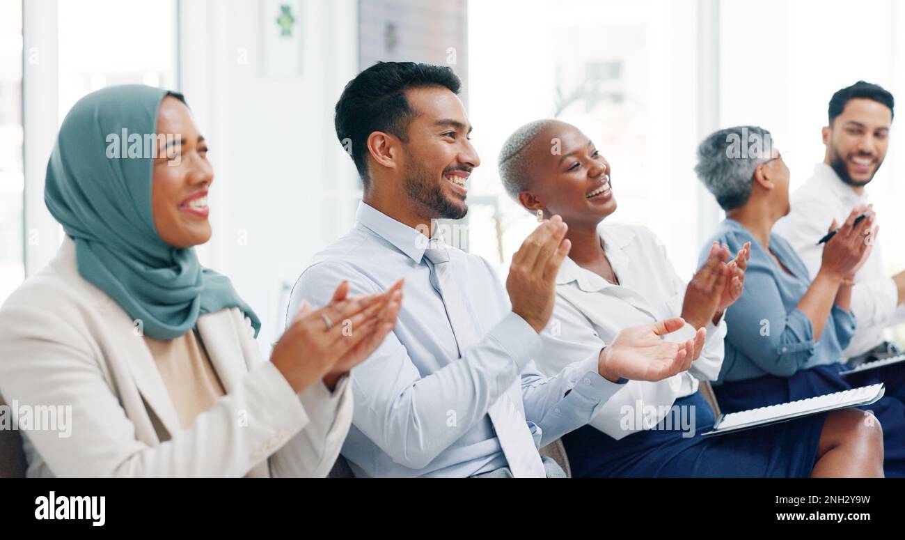 Diversity, business people and applause presentation, employee support and happiness in office ...