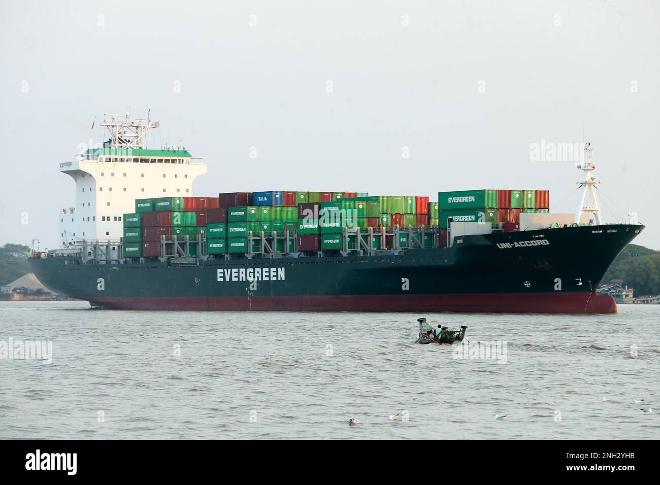 Yangon, Myanmar. 20th Feb, 2023. A cargo ship is seen on the Yangon ...