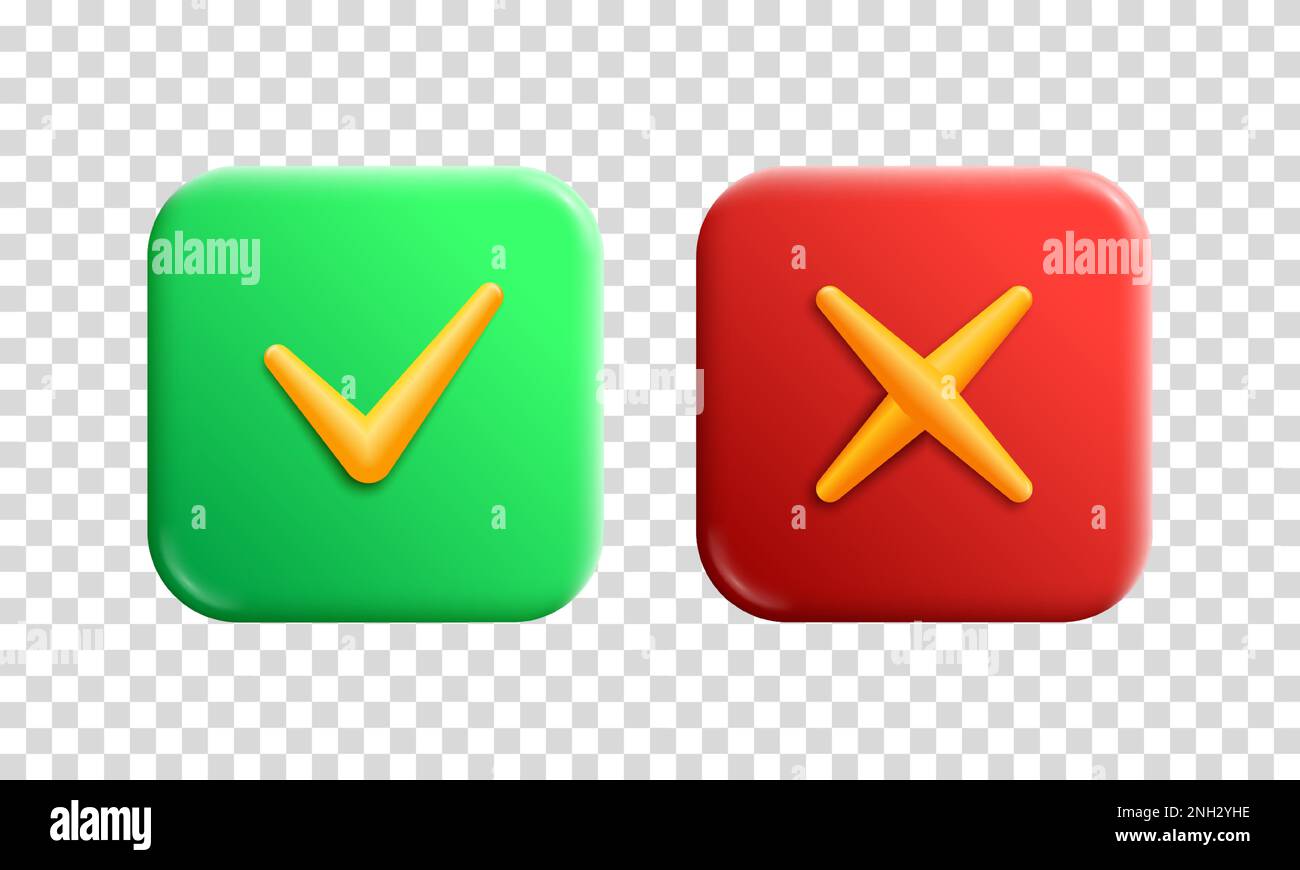 Accept and reject vector 3d render buttons. Tick check and cross marks app icons with ...