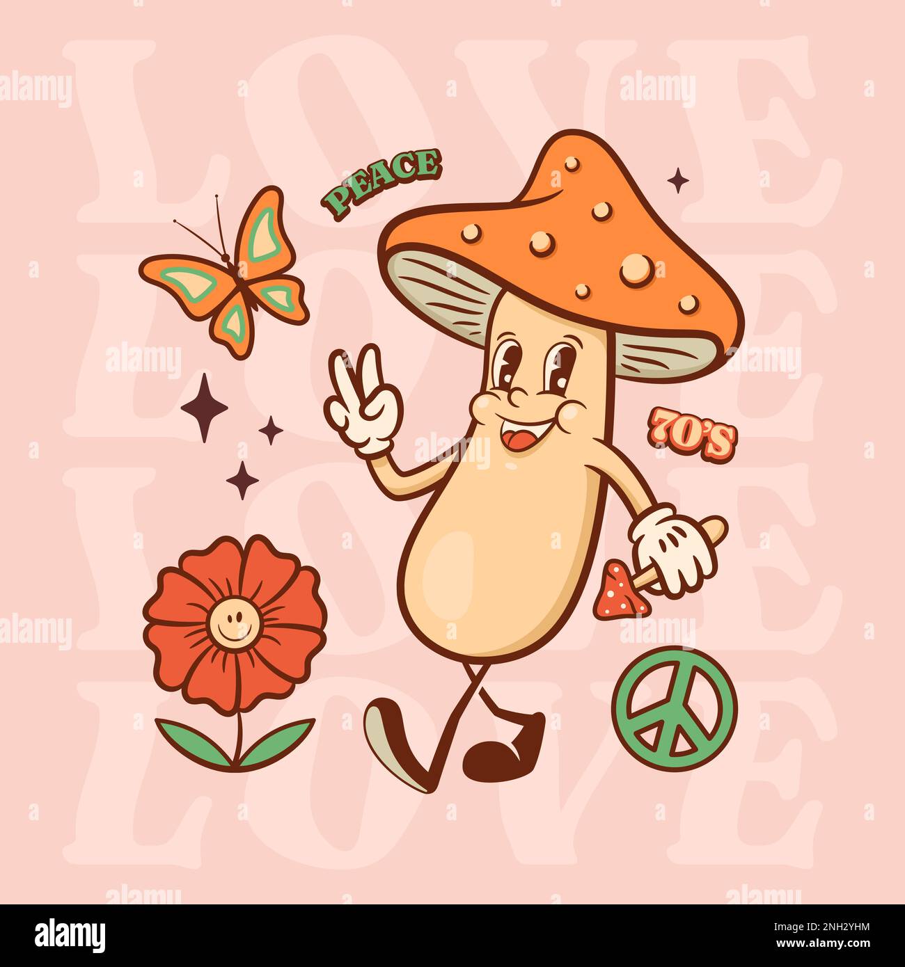 Trippy retro cartoon characters set. Happy fly agaric mushroom, flower ...
