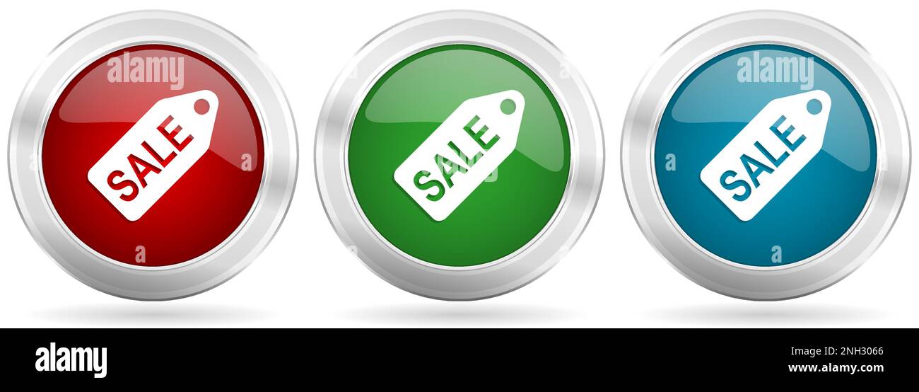 Sale, shop vector icon set. Red, blue and green silver metallic web ...