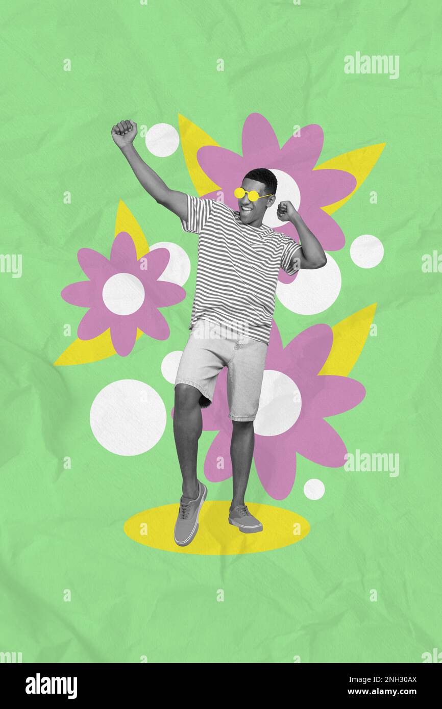 Vertical collage picture of excited positive black white effect guy ...