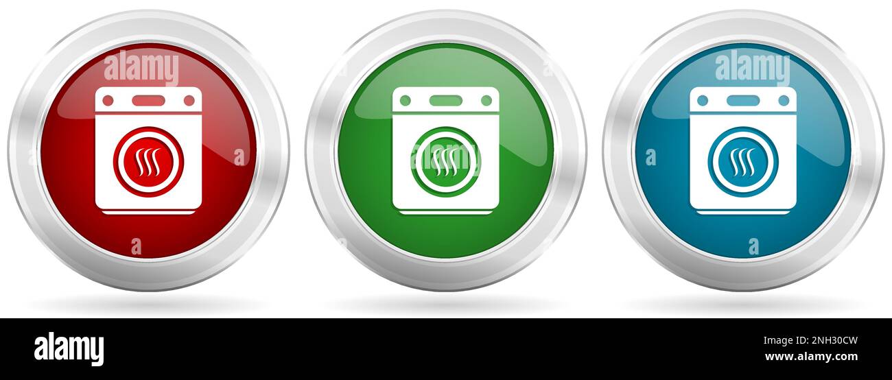Dryer machine, laundry vector icon set. Red, blue and green silver ...
