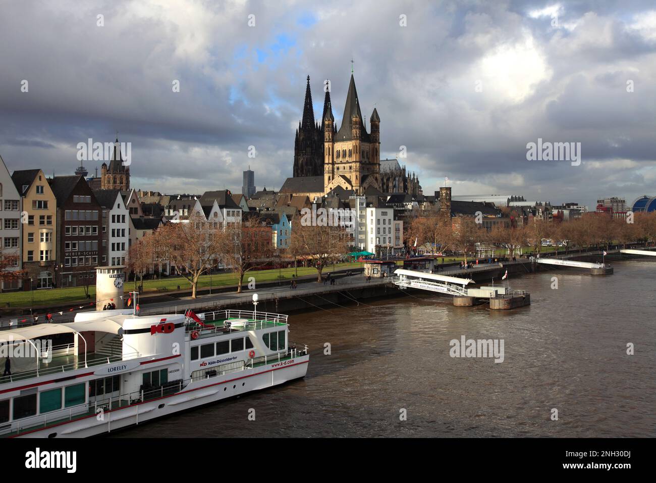 Cruise ships along the river Rhein, Cologne City, North Rhine ...
