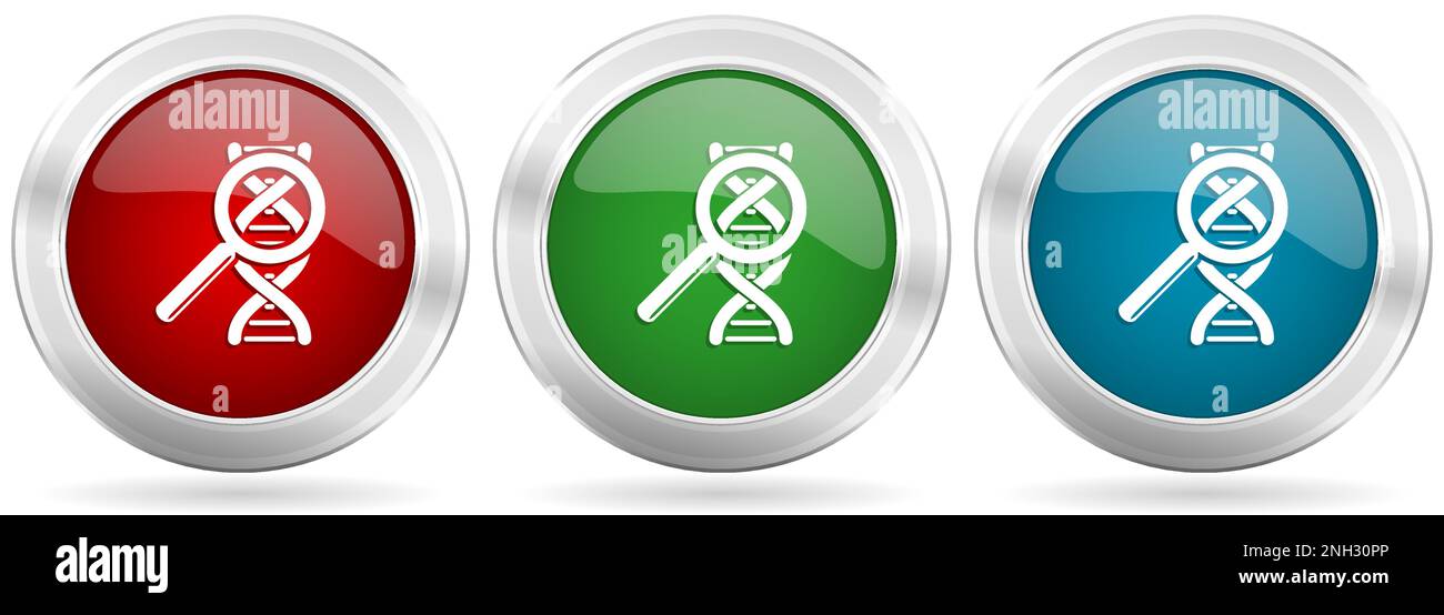 Dna, genetic research vector icon set. Red, blue and green silver ...