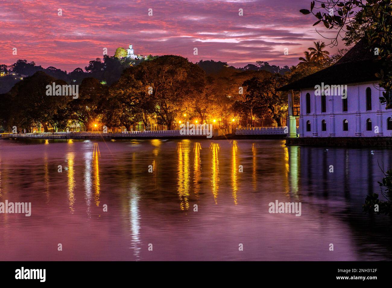 Night time view of The lake in central Kandy in the hill country of Sri ...