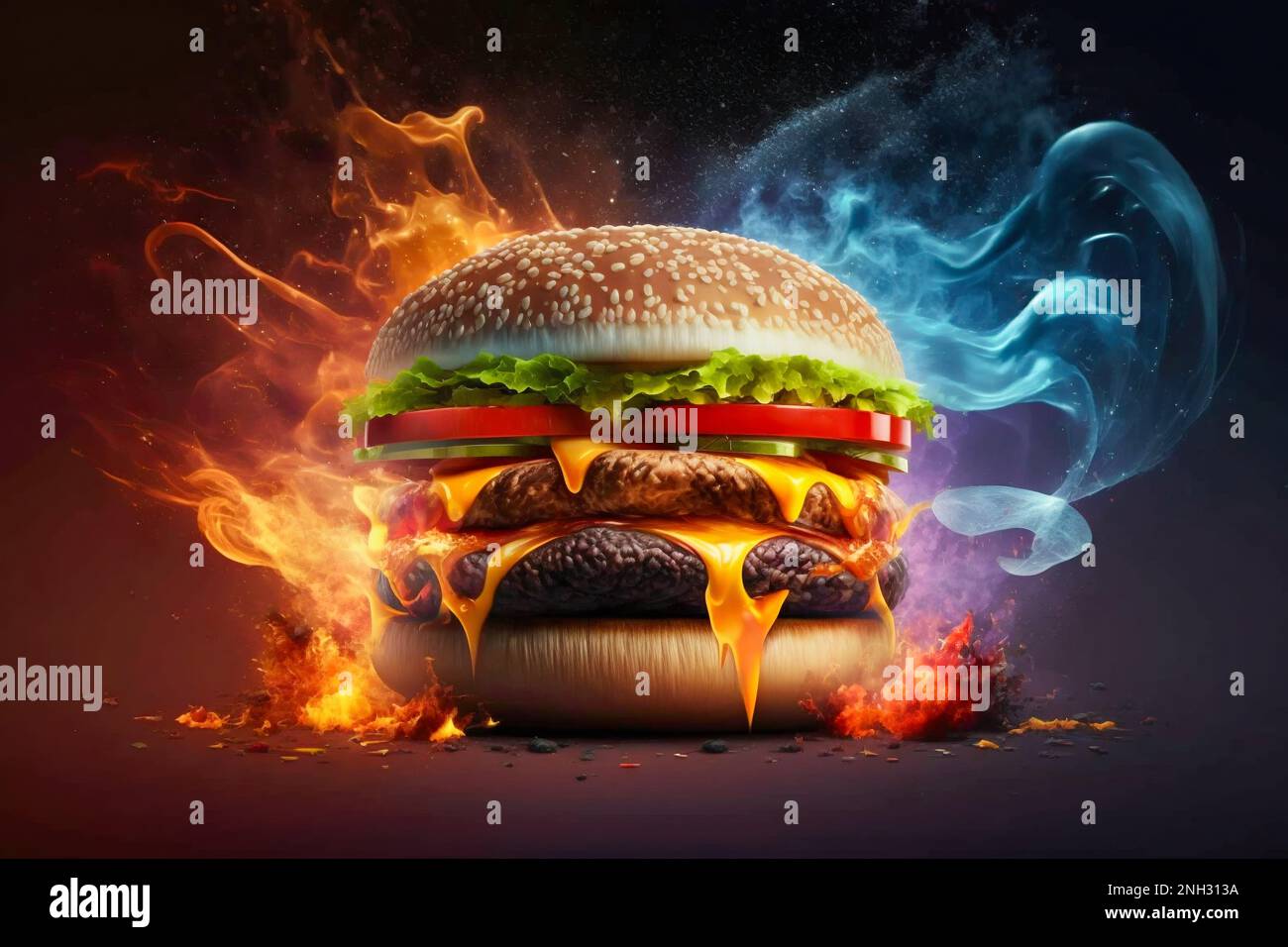 Burning hamburger cheeseburger closeup. Generative AI. High quality ...