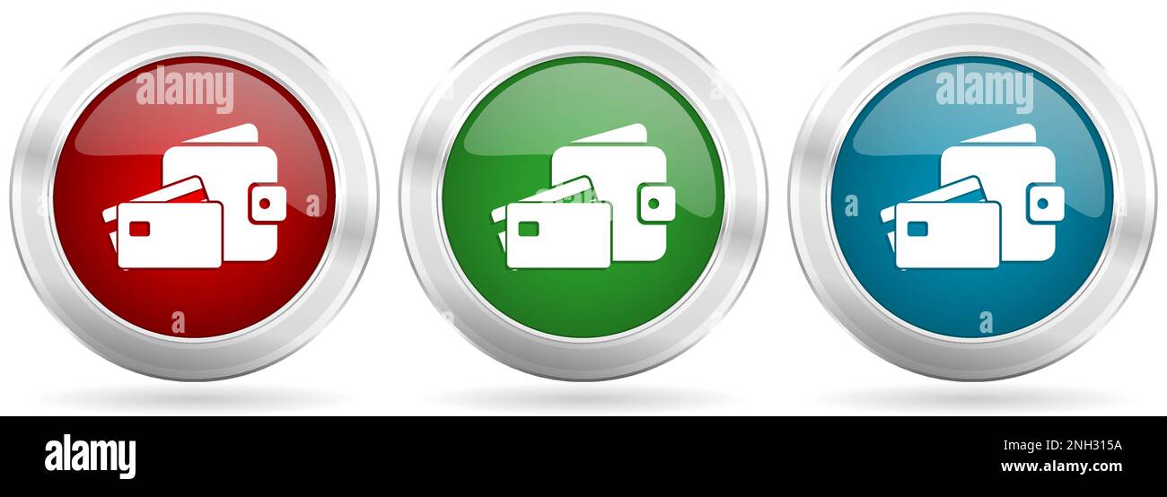 Wallet and credit cards, business vector icon set. Red, blue and green ...