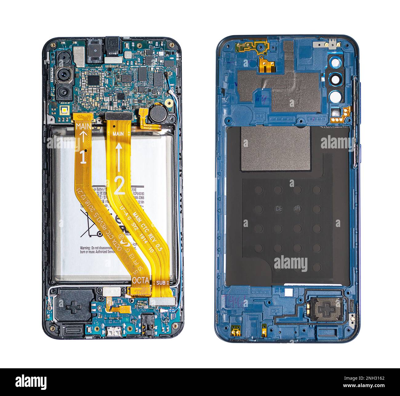 main case and back cover of disassembled blue smartphone isolated on ...
