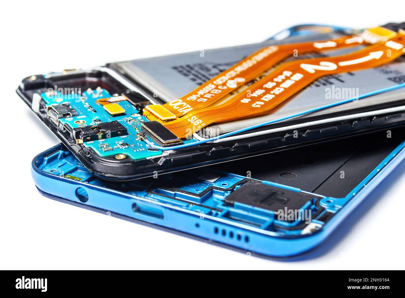 main case and back cover of disassembled blue smartphone isolated on ...