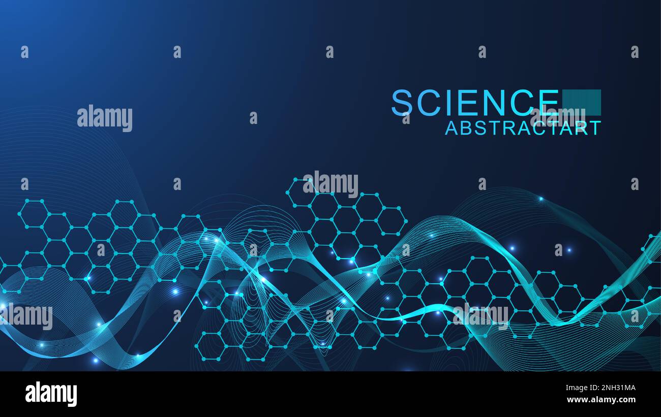 Modern science background with lines, dots and hexagons. Wave flow abstract background ...