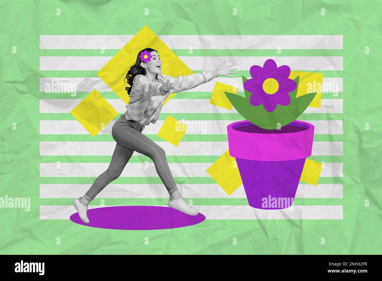 Creative collage photo illustration of excited impressed woman running ...