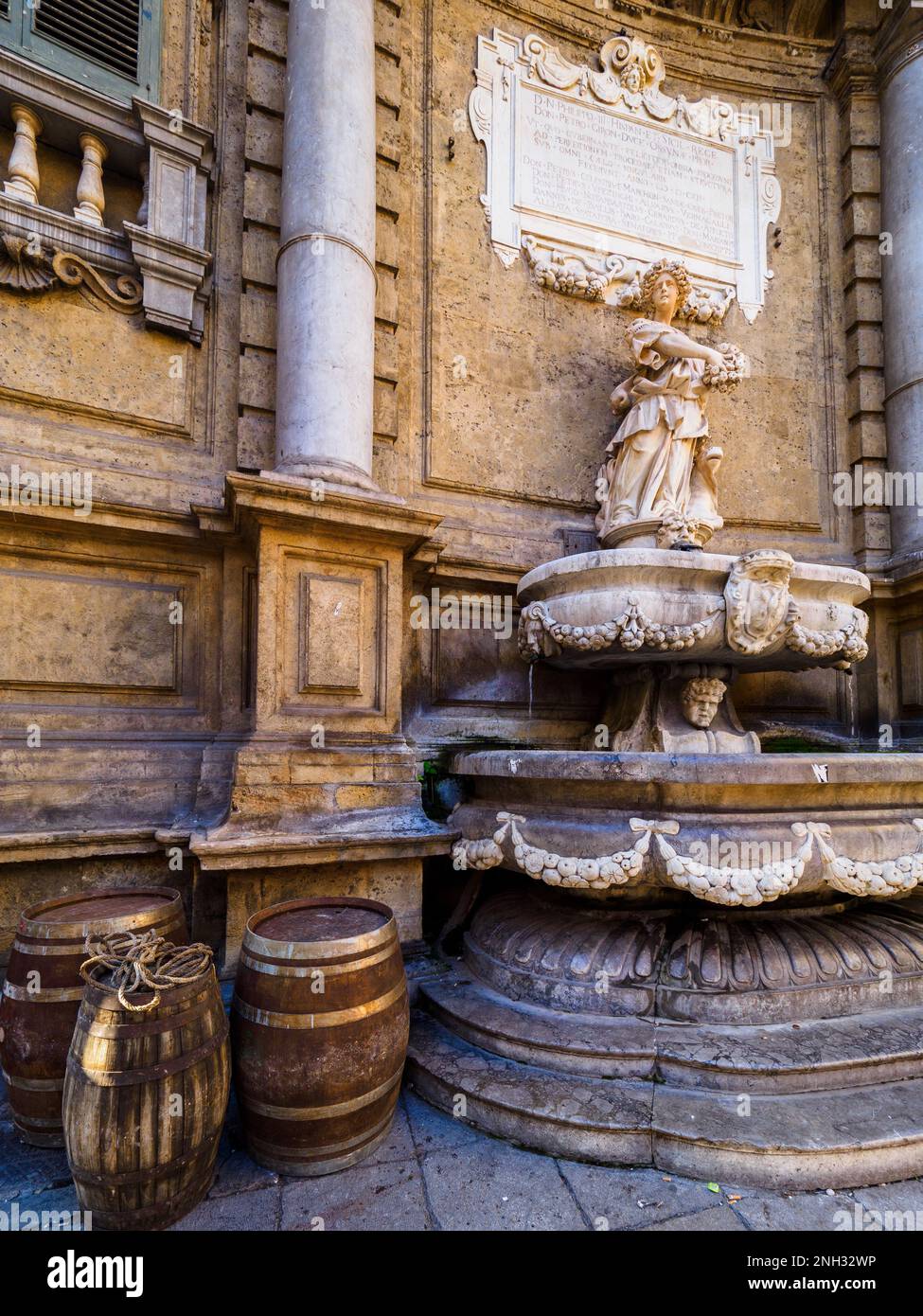 One of the four fountains in the octagonal public plaza Quattro Canti ...